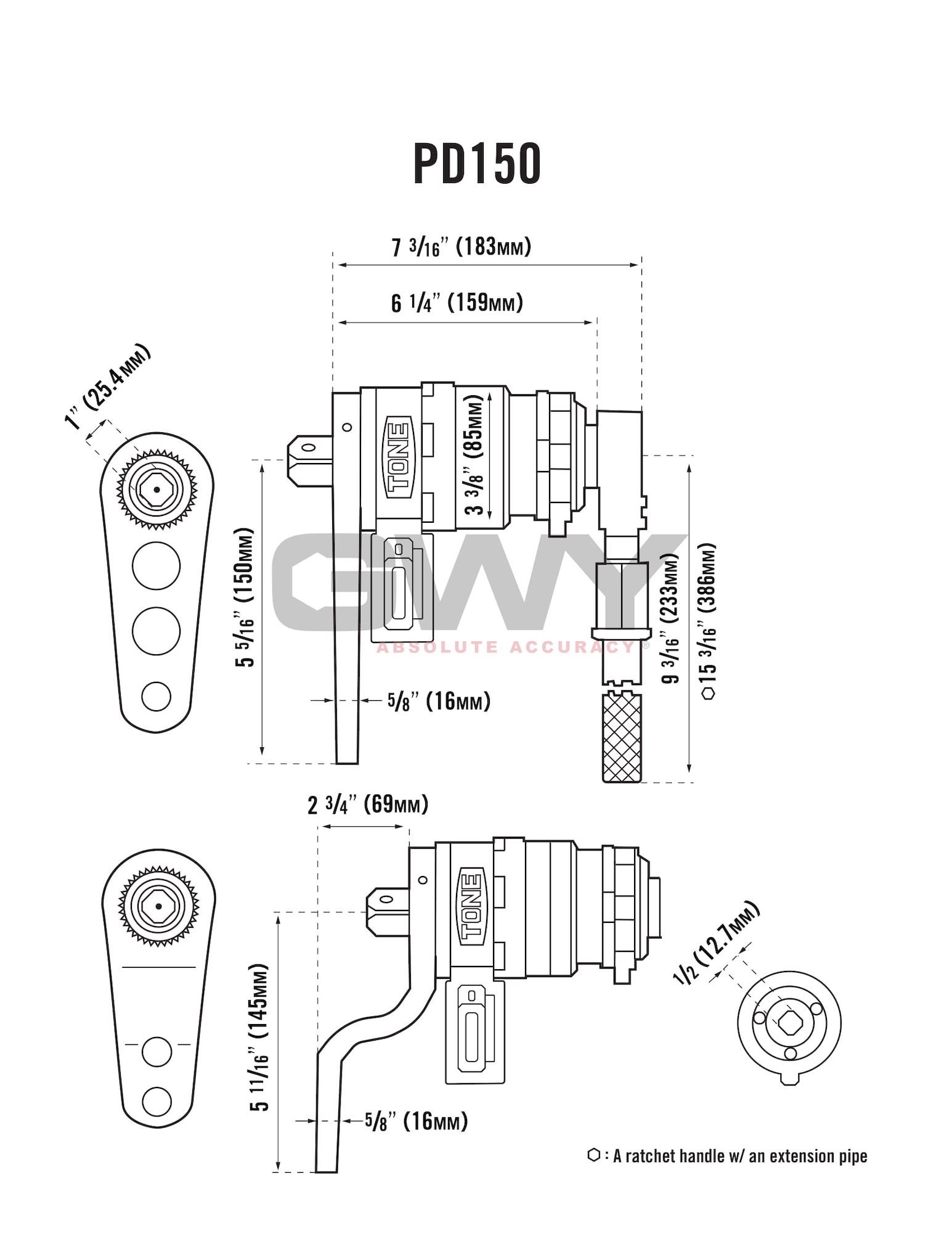 PD150 Dimensioned Drawing | GWY, Inc.
